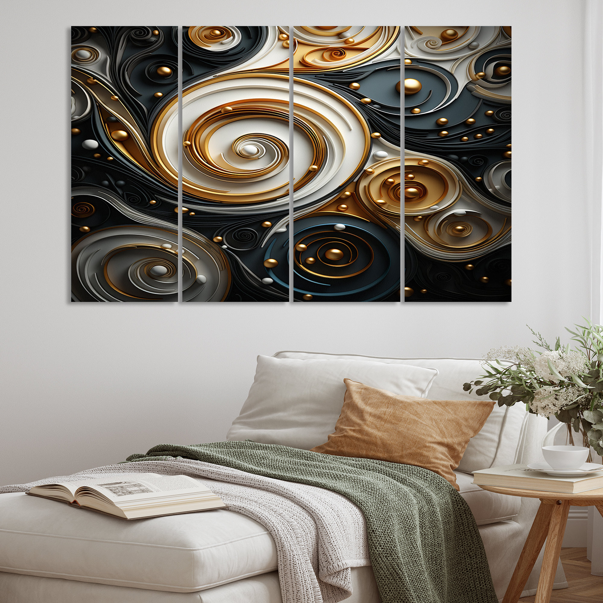 Wrought Studio " Abstract Liquid Gold And Black Spiral Swirls " 4 - Pieces | Wayfair